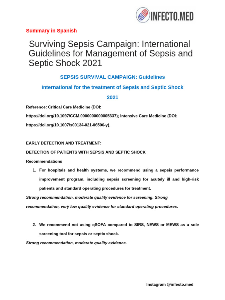Summary in Spanish Surviving Sepsis 2021 | PDF | Sepsis | Shock ...