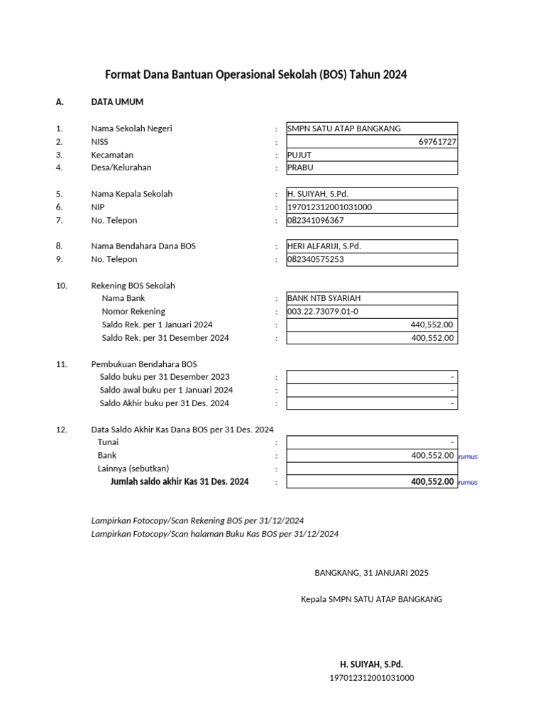 08 Lampiran 8 Form Format BOS SMPN SATAP BANGKANG | PDF