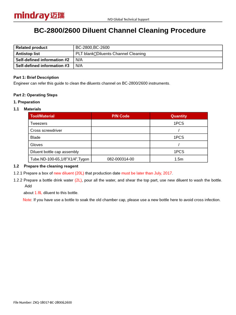 BC-2800&2600 Diluent Channel Cleaning Procedure V1.0 | PDF