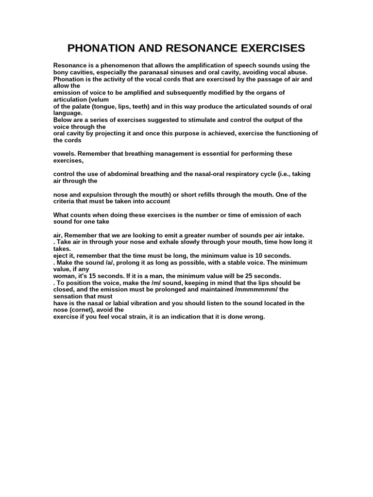 Phonation and Resonance Exercises | PDF | Human Voice | Vowel