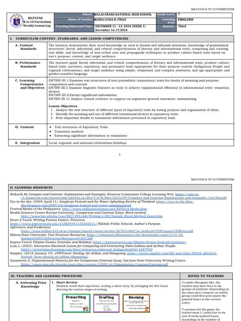 Dll Matatag _english 7 q3 w1 | PDF | Reading Comprehension | Human Communication