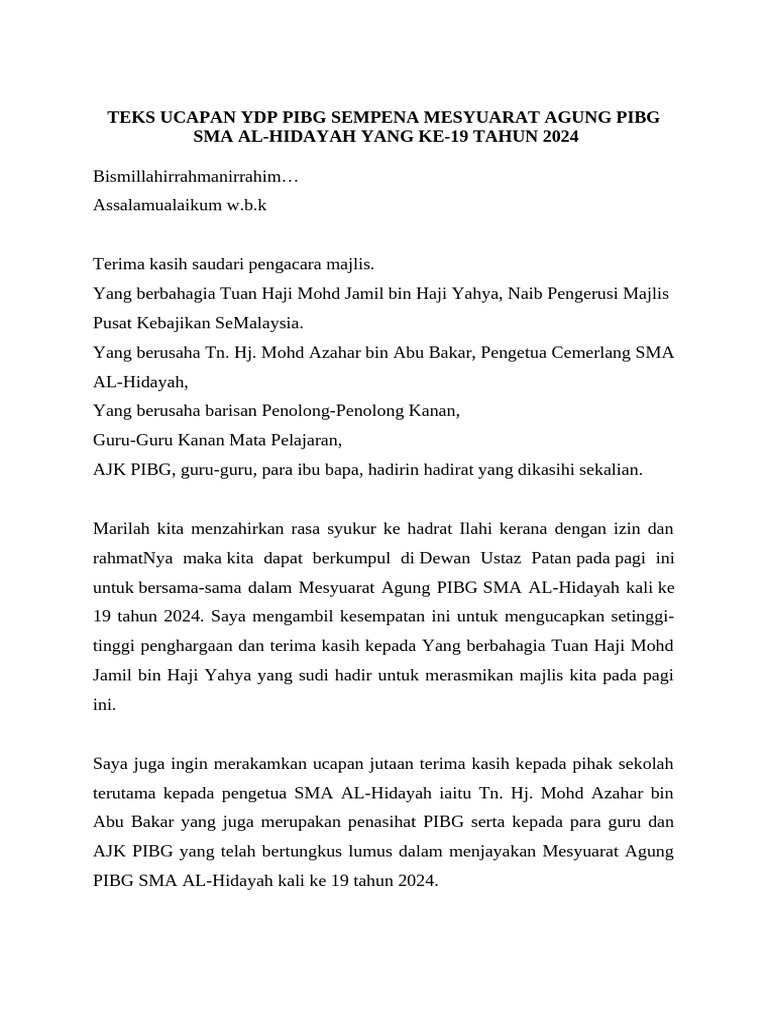 Teks Ucapan Ydp Pibg 2024 | PDF