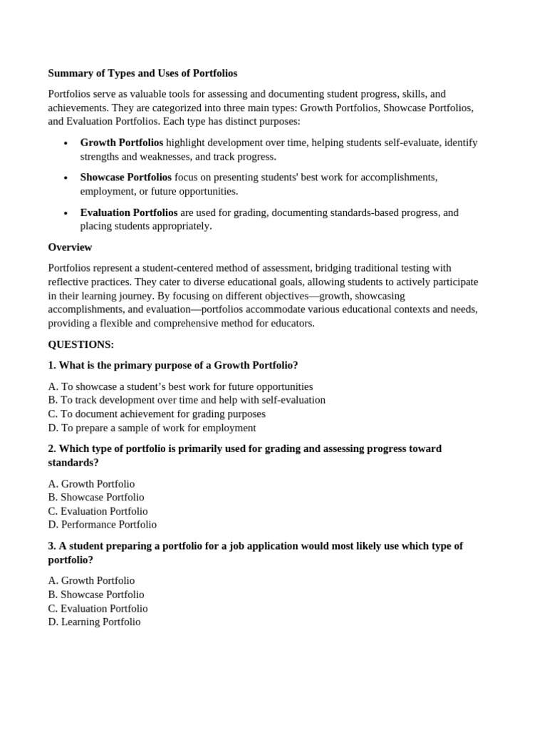 Summary of Types and Uses of Portfolios | PDF | Educational Assessment ...