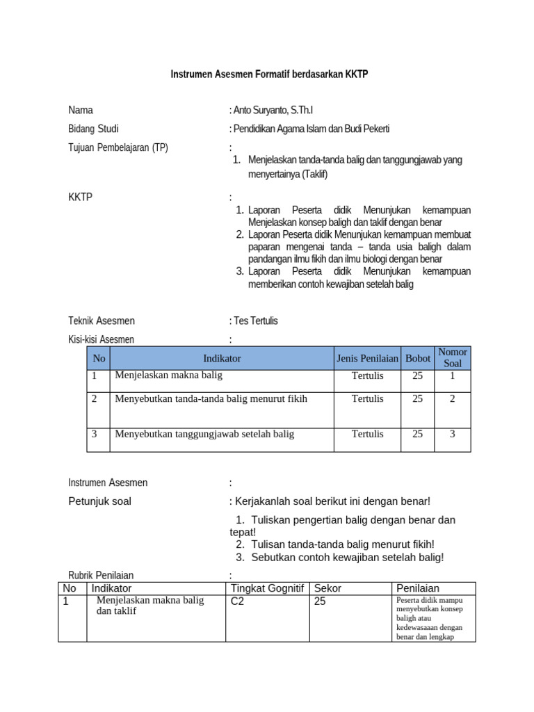 Penyusunan Instrumen Asesmen Formatif Berdasarkan KKTP | PDF