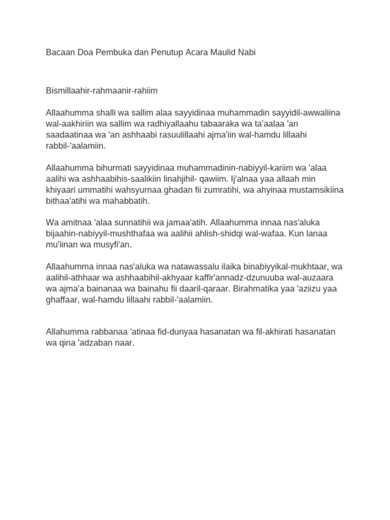 Bacaan Doa Pembuka Dan Penutup Acara Maulid Nabi SAW | PDF