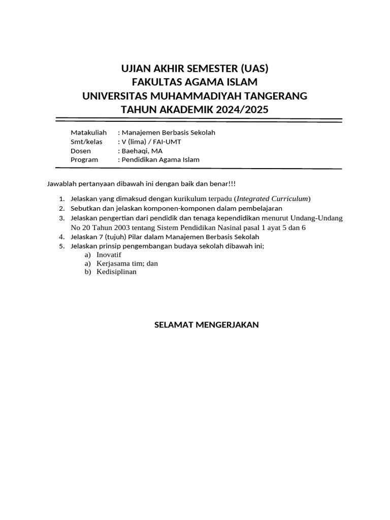 Soal Uas MK Mbs SMT V C Dan D | PDF