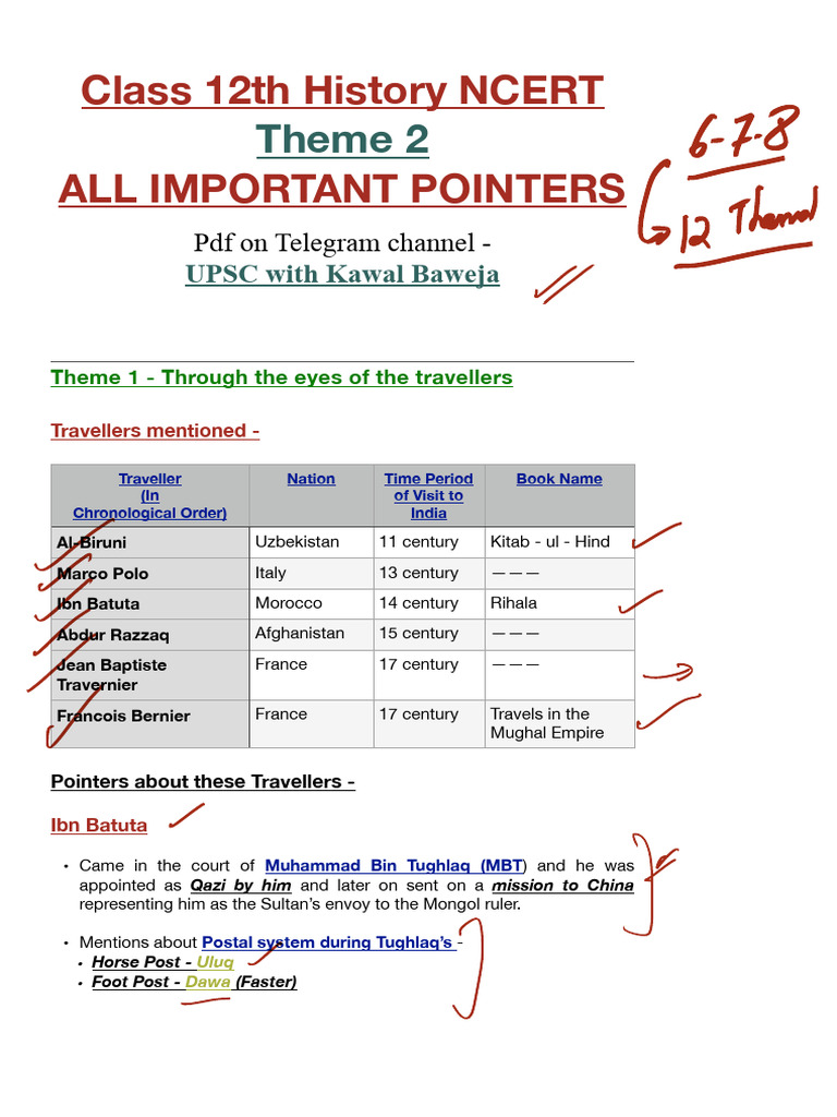 History NCERT Class 12 Theme 2 - Important Pointer Notes | PDF