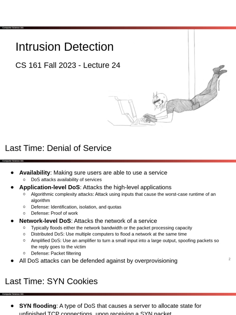 (CS161 FA23) Lecture 24 - Intrusion Detection | PDF | Denial Of Service Attack | Computer Network