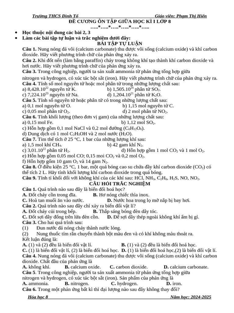 Đề cương Hóa 8 GK1 | PDF