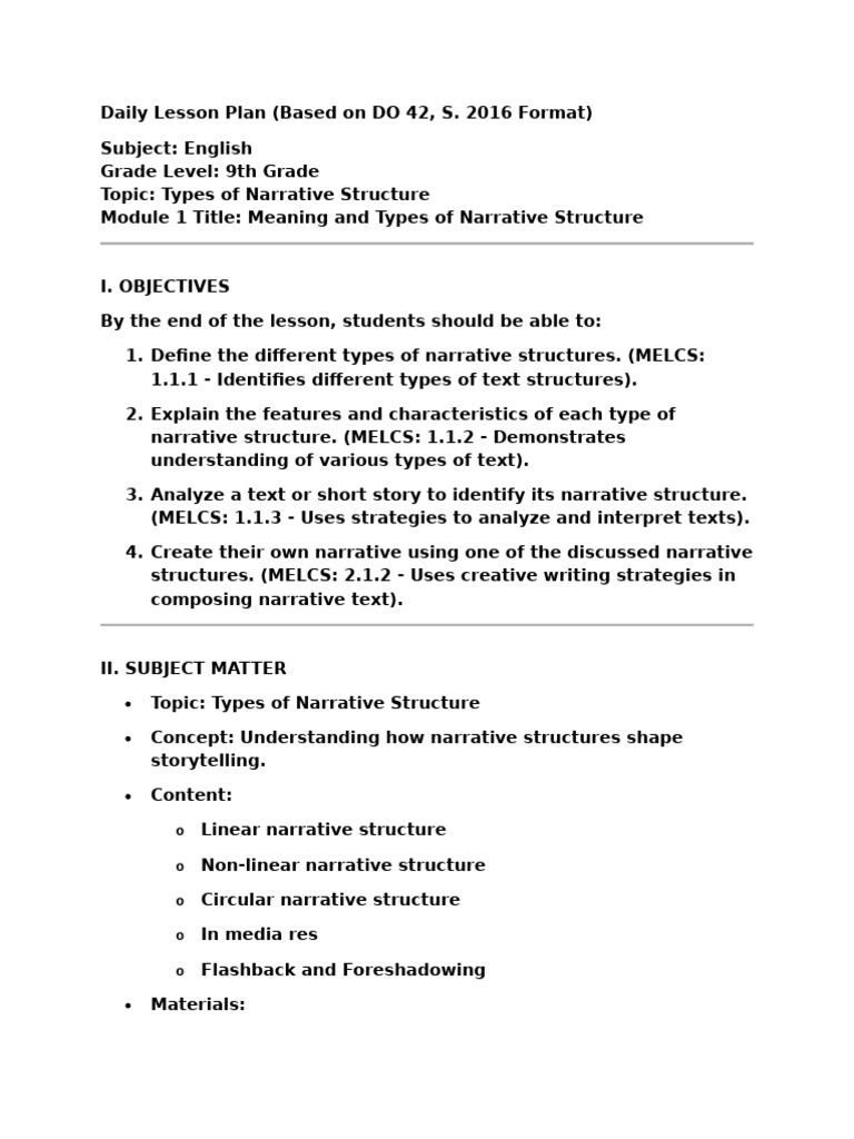 Narrative Structures Lesson Plan for 9th Grade | PDF | Narrative ...