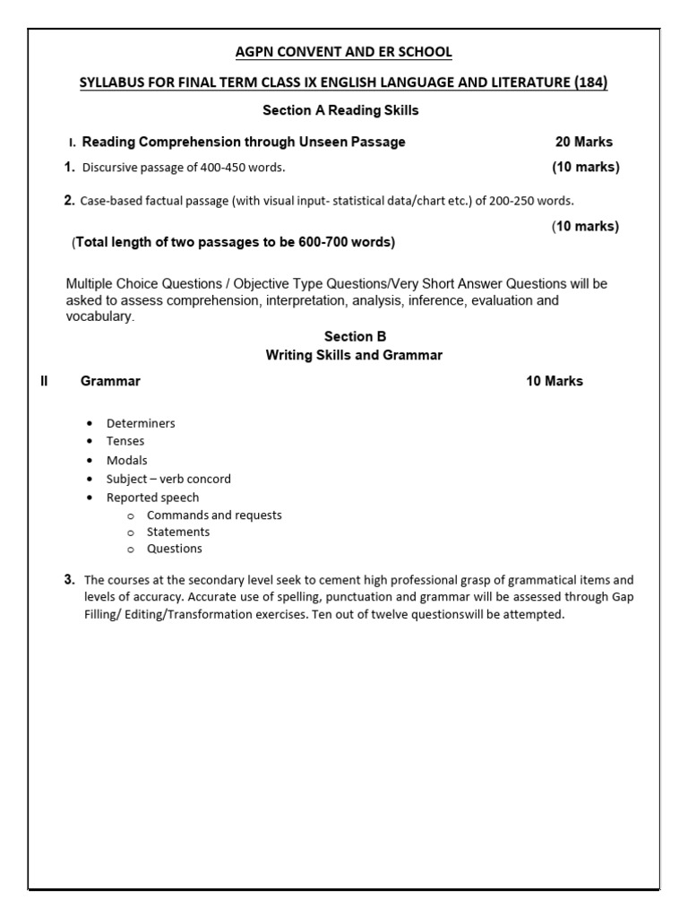 Class IX English Language Syllabus | PDF | Word | Grammar