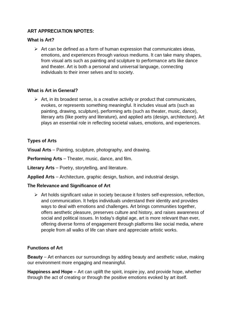 ART APPRECIATION NOTES | PDF | The Arts | Aesthetics