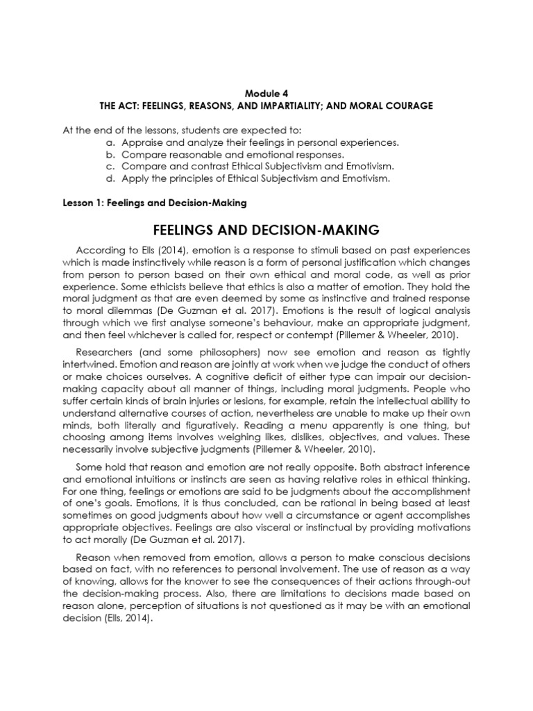 SOC SCI 101N MODULE 4, Lesson 1 Feelings and Decision-Making | PDF ...