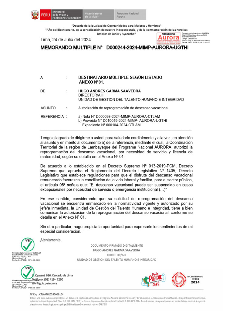 Memorando Multiple-000244-2024-Ugthi Vacaciones | PDF