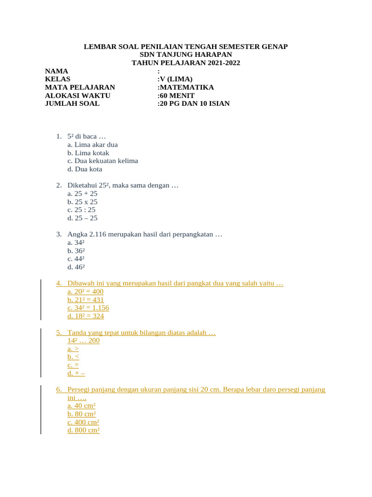 Lembar Soal Tengah Semester MTK | PDF