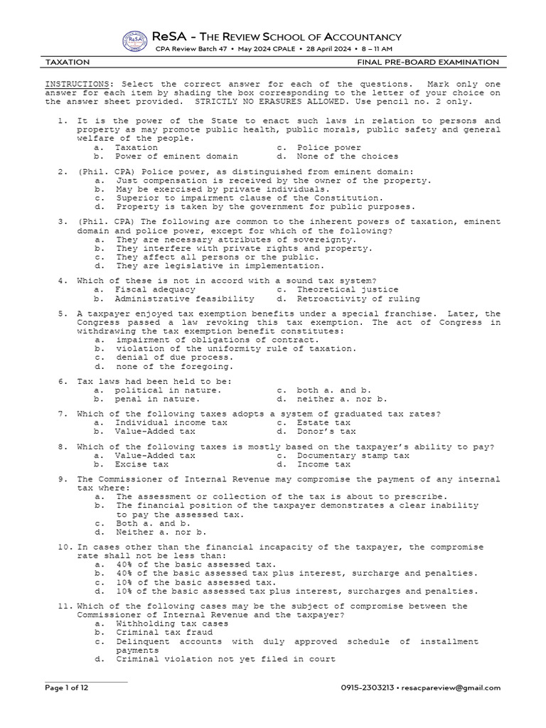 Resa 47 Tax Final PB and Answer Key | PDF | Taxes | Value Added Tax