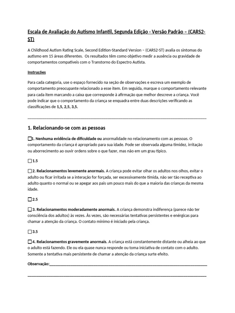 Escala de Avaliação Do Autismo Na Infância (CARS-2) | PDF | Autismo ...
