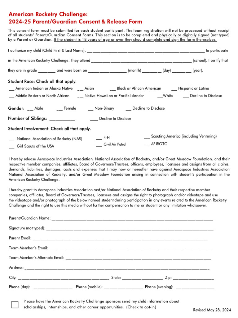 2024-2025-American-Rocketry-Challenge-Consent-Form-1 (1) 2 | PDF | Race ...