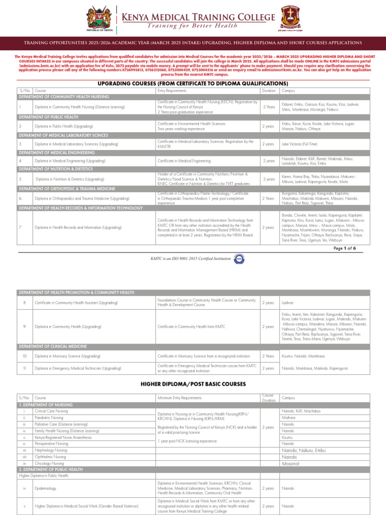 KMTC Higher Diploma, Upgrading and Short Course Training Opportunities For 2025 - 2026 Academic ...