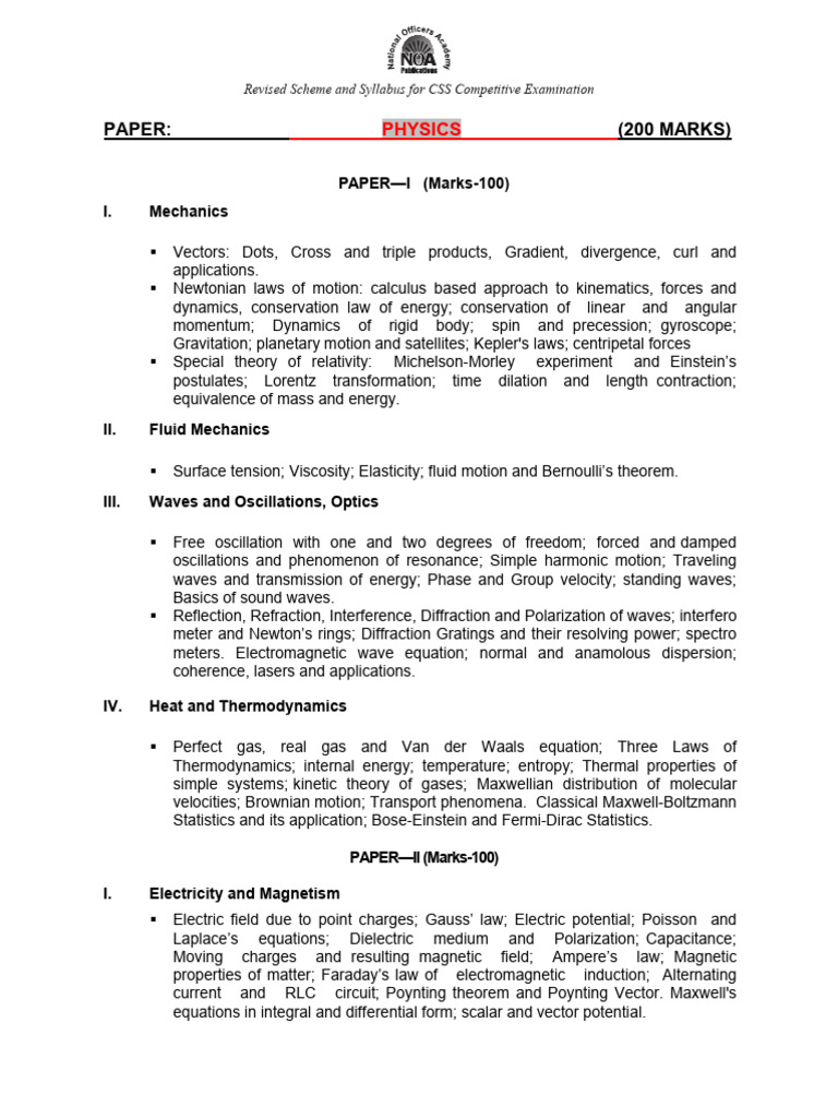 Physics Syllabus for CSS Exam | PDF | Electron | Waves
