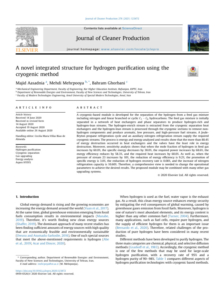 A Novel Integrated Structure For Hydrogen Purification Using The | PDF | Hydrogen | Exergy