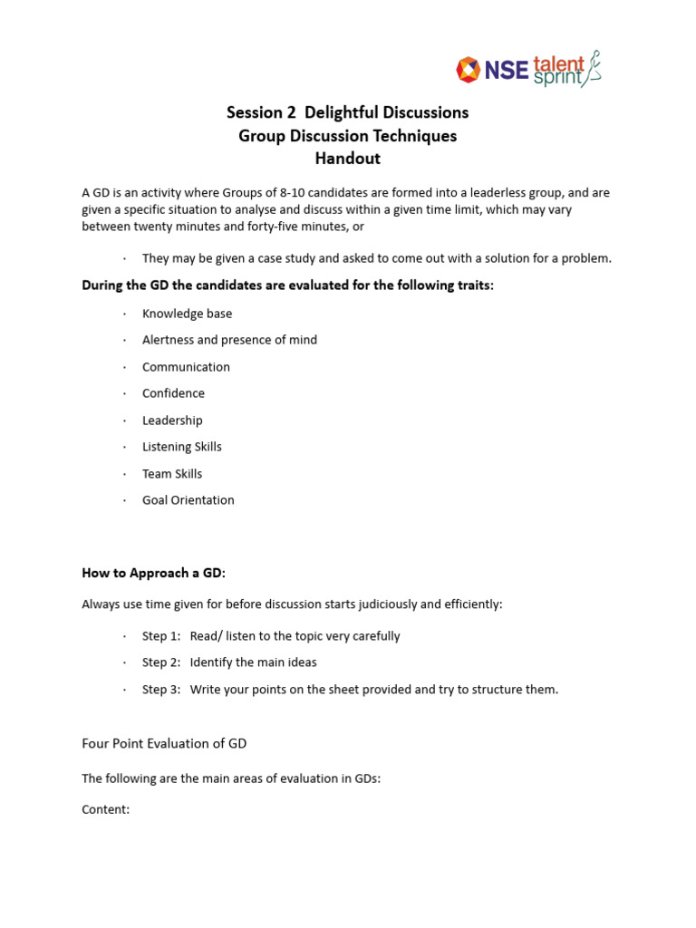 Session 2 - Group Discussion Techniques - Handout | PDF | Smoking ...