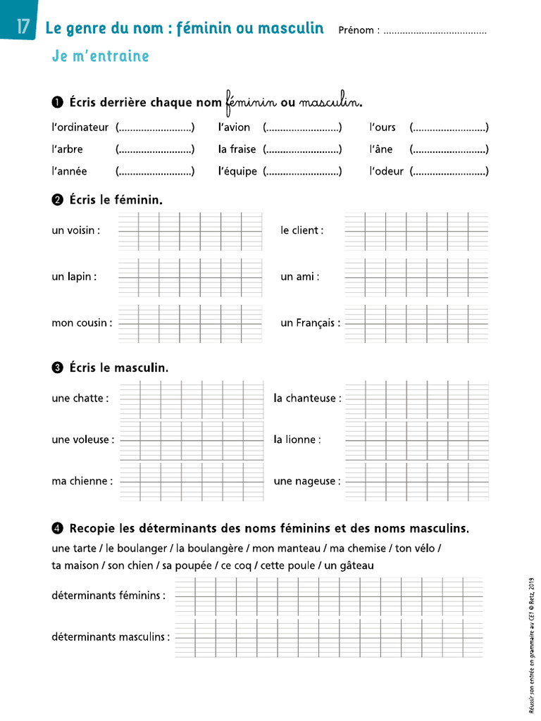 Grammaire - Fiche d'exercices sur le genre du nom féminin masculin | PDF