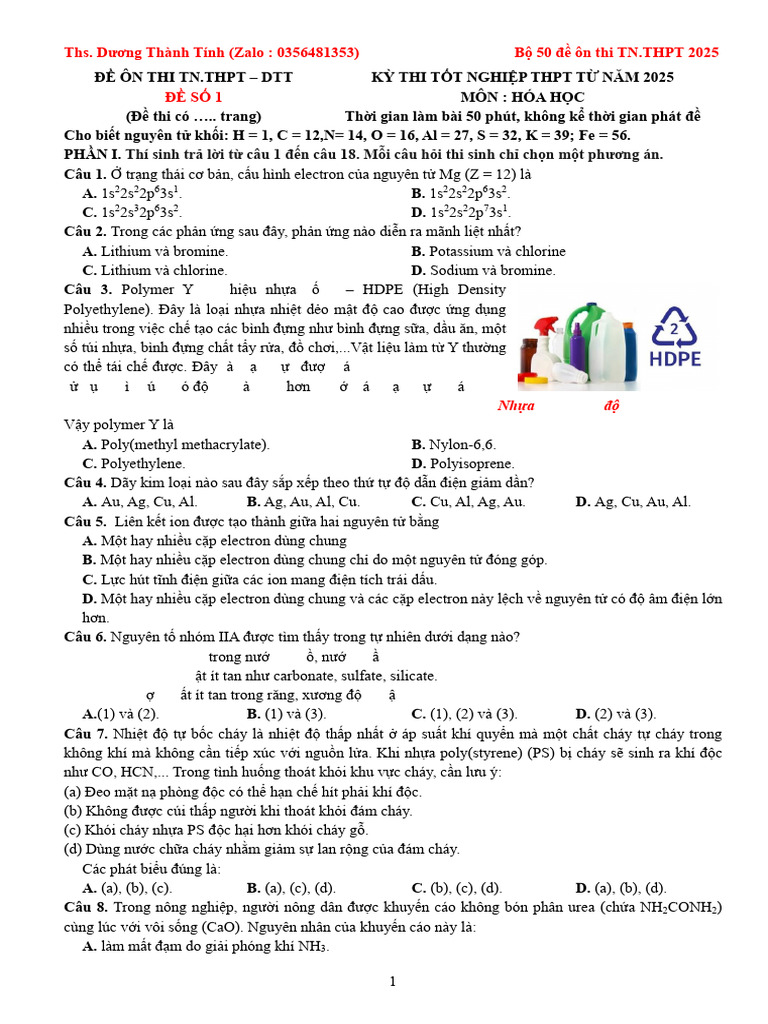 De 1 On TN - THPT 2025 - DTT | PDF