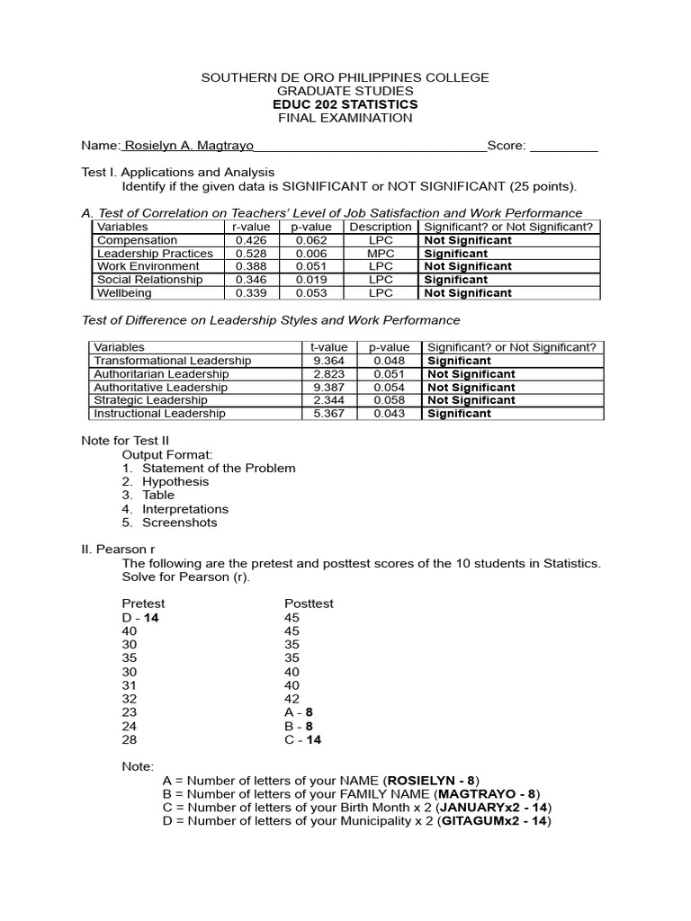 Magtrayo - Educ 202 Final Exam | PDF | P Value | Statistics