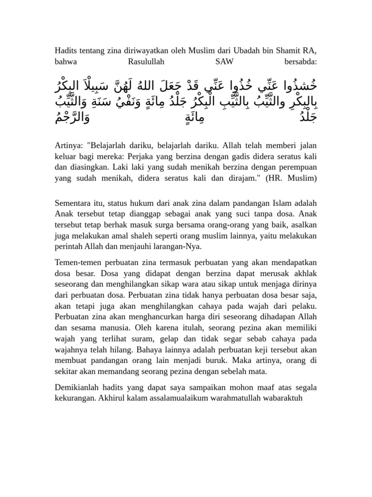 Hadits Tentang Zina Diriwayatkan Oleh Muslim Dari Ubadah Bin Shamit RA ...