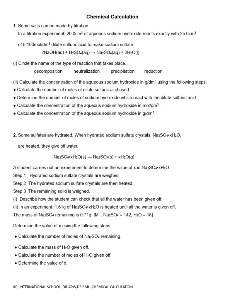 Chemical Calculation (New) | PDF | Mole (Unit) | Acid