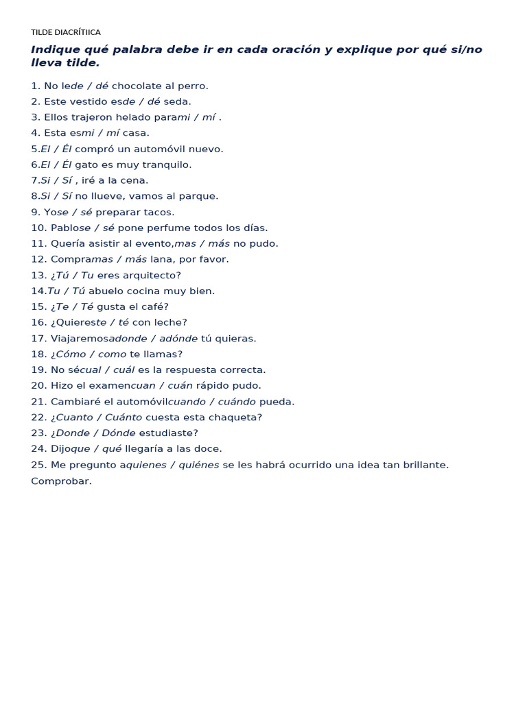EJERCICIOS TILDE DIACRÍTIICA | PDF