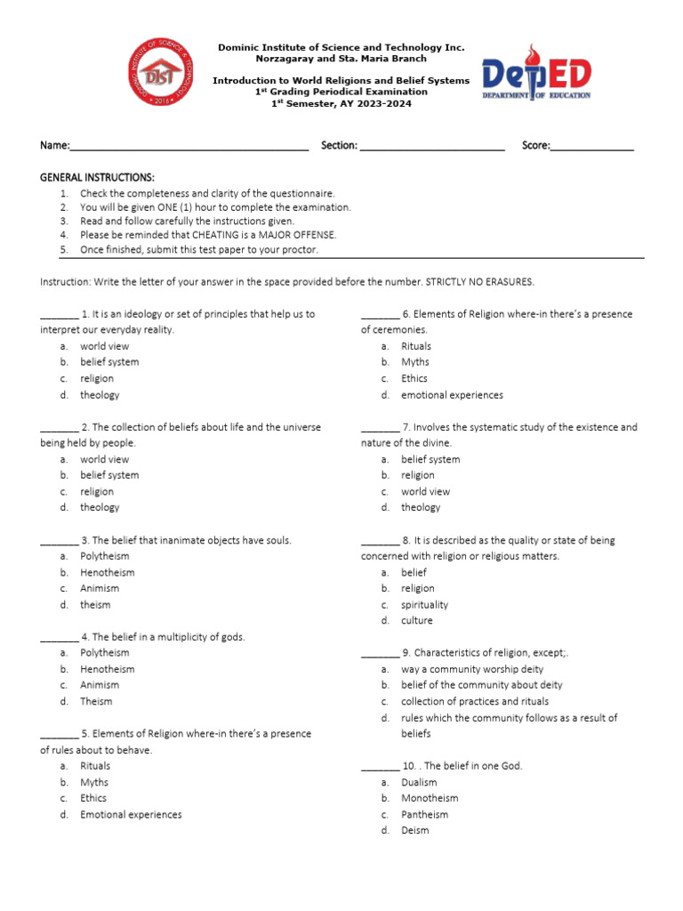 World Religions Exam 1st Semester 2023 | PDF | Hebrew Bible | Theism
