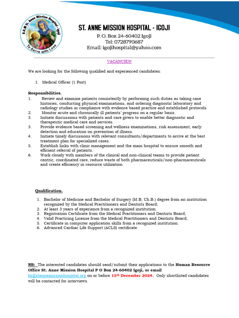 Medical Officer Vacancy at St. Anne Hospital | PDF
