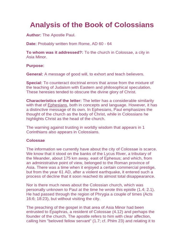 Summary of Colossians Insights | PDF | Epistle To The Colossians | Paul ...