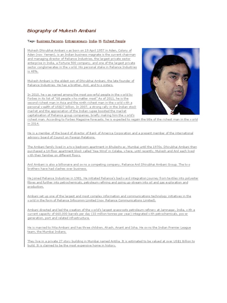 Biography of Mukesh Ambani | PDF | Travel