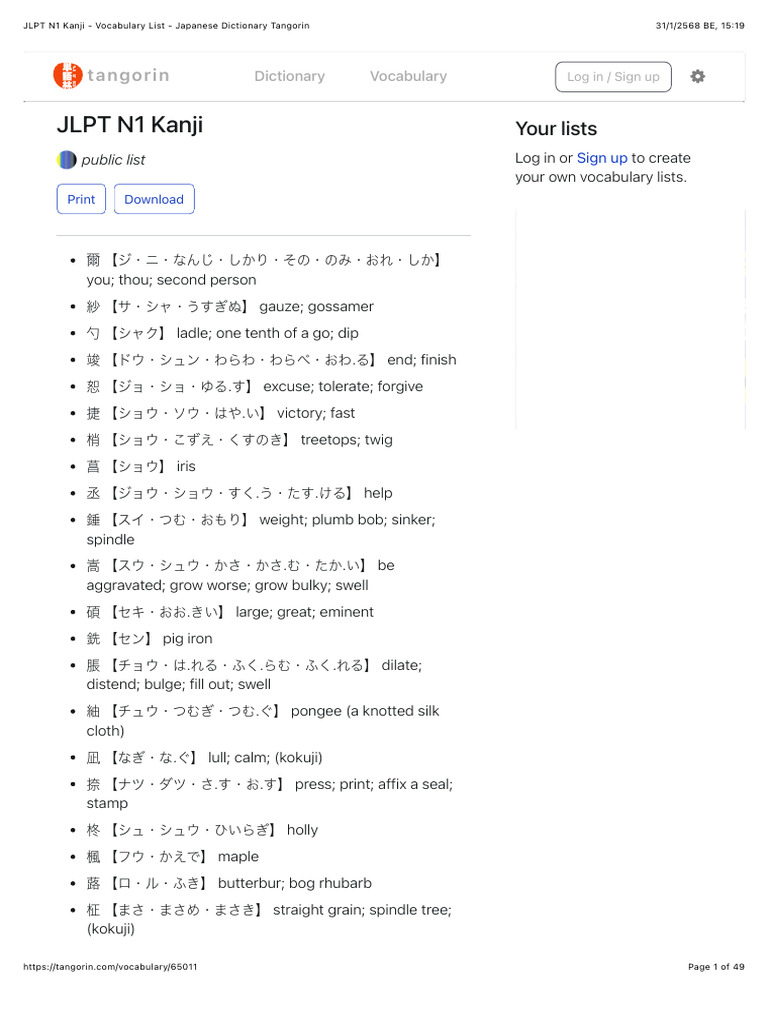 JLPT N1 Kanji - Vocabulary List - Japanese Dictionary Tangorin | PDF ...