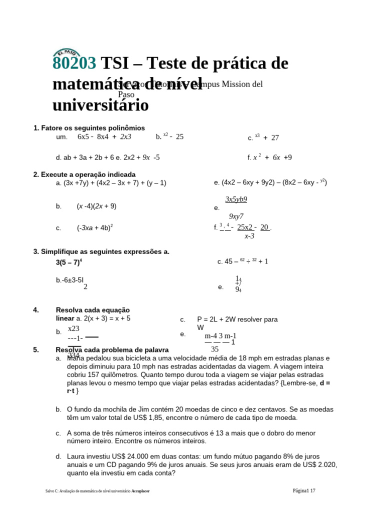Avaliação de Matemática Universitária Accuplacer | PDF | Equações ...