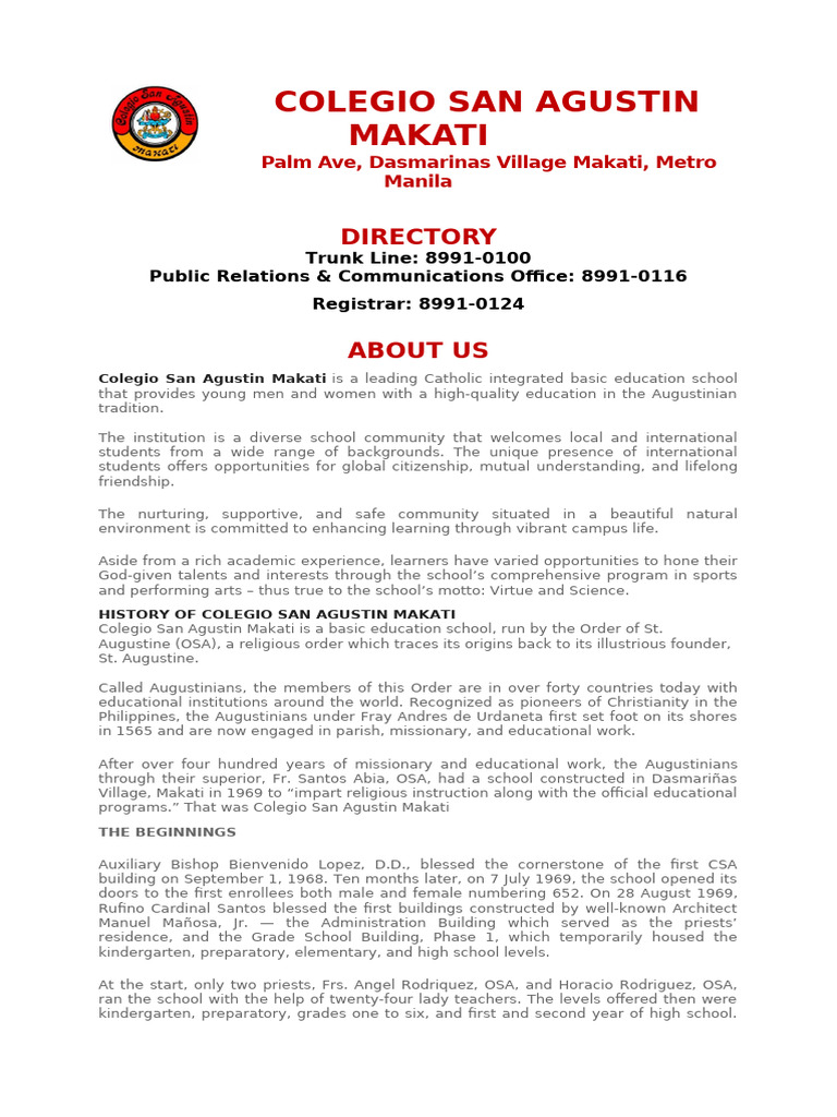 Colegio San Agustin Makati Overview | PDF