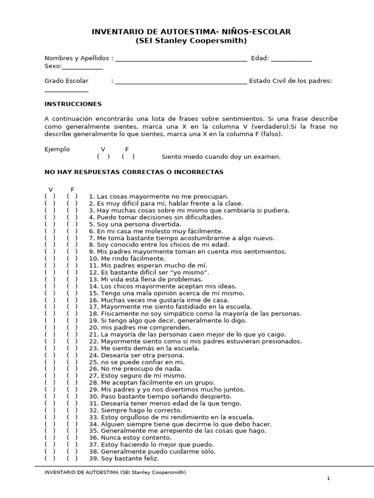Inventario de Coopersmith Cuadernillo | PDF