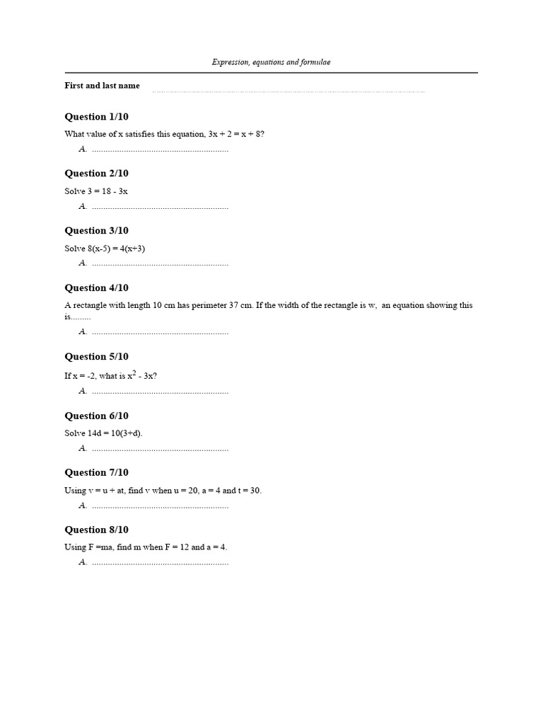 Expression, Equations and Formulae - Questions | PDF
