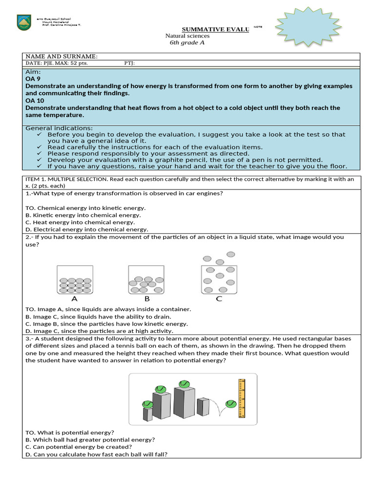 Summative Evaluation Science 6th Energy | PDF | Temperature | Heat