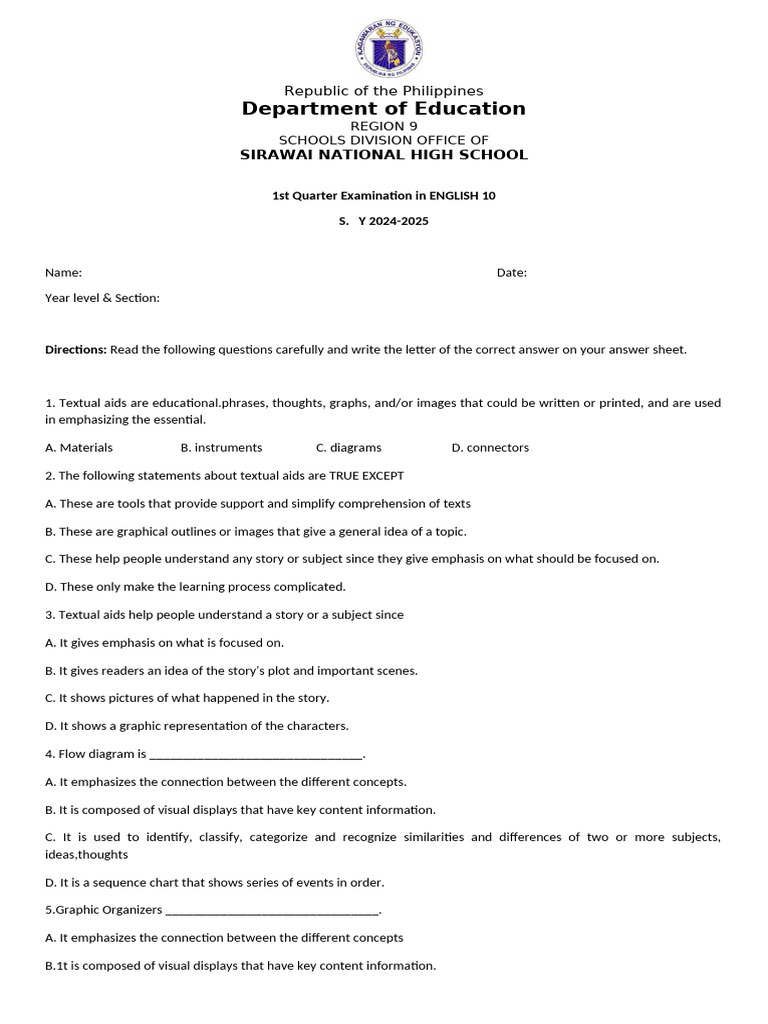 First Quarter English 10 Examination Sample Test Paper | PDF | Chart ...