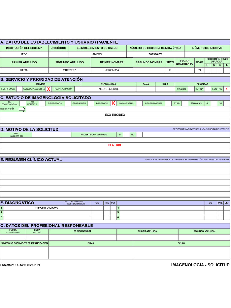 SNS-MSP Hcu-Form.012a - 2021 Imagenologia Solicitud | PDF | Medicina | Cuidado de la salud