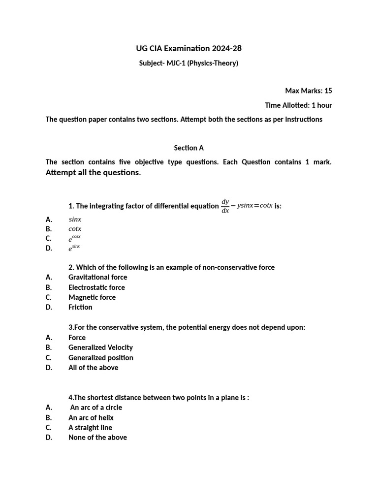UG CIA Examination - Sem12024 - QP | PDF | Force | Momentum