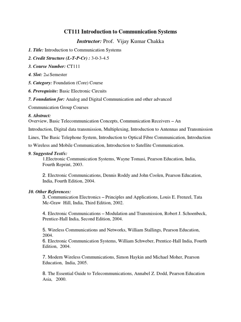 Ct111 Introduction To Communication Systems Course Outline Pdf Telecommunication