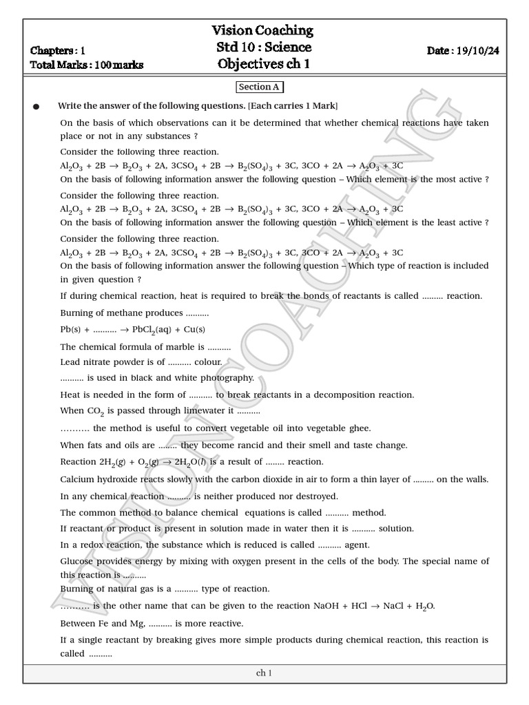 Objectivesch1 - D19 Oct 2024 | PDF | Chemical Reactions | Redox