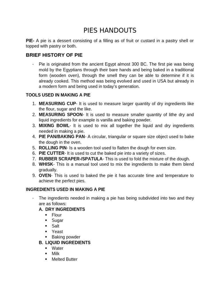 Pies Handouts | PDF | Baking | Custard