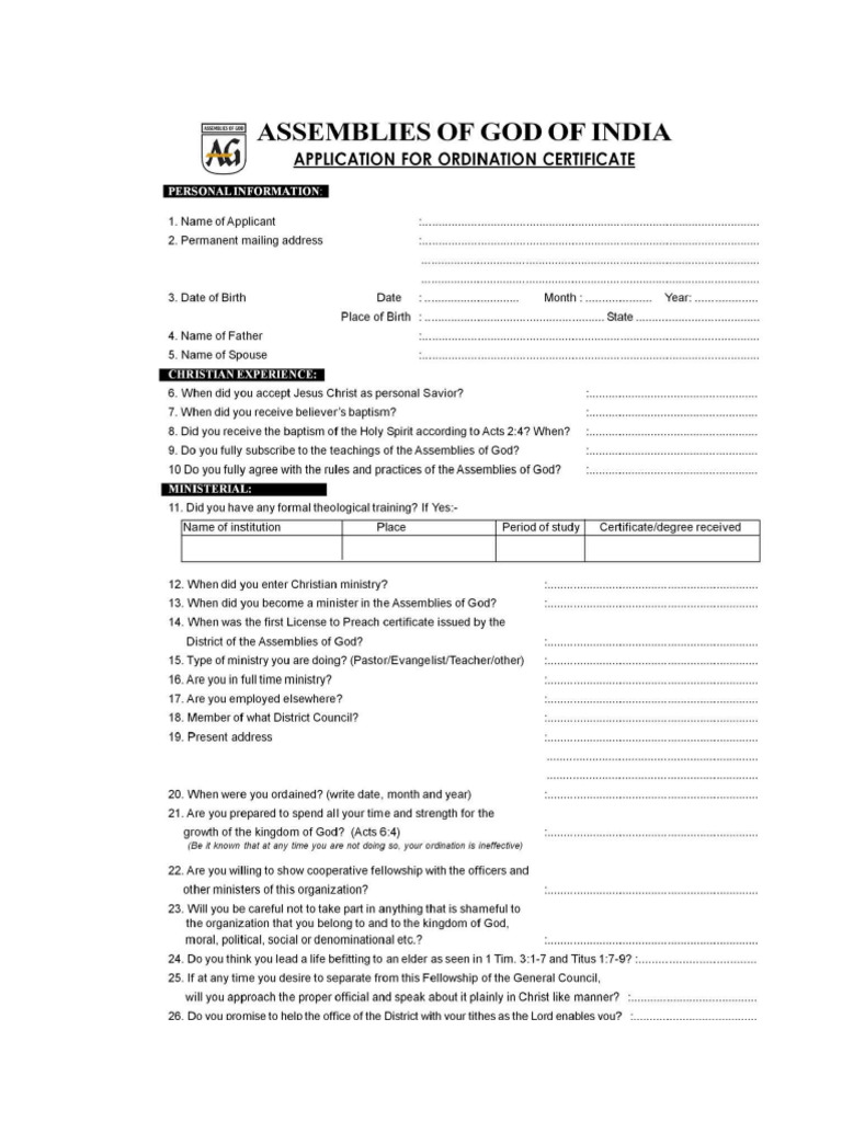AGI Application For Ordination Certificate | PDF