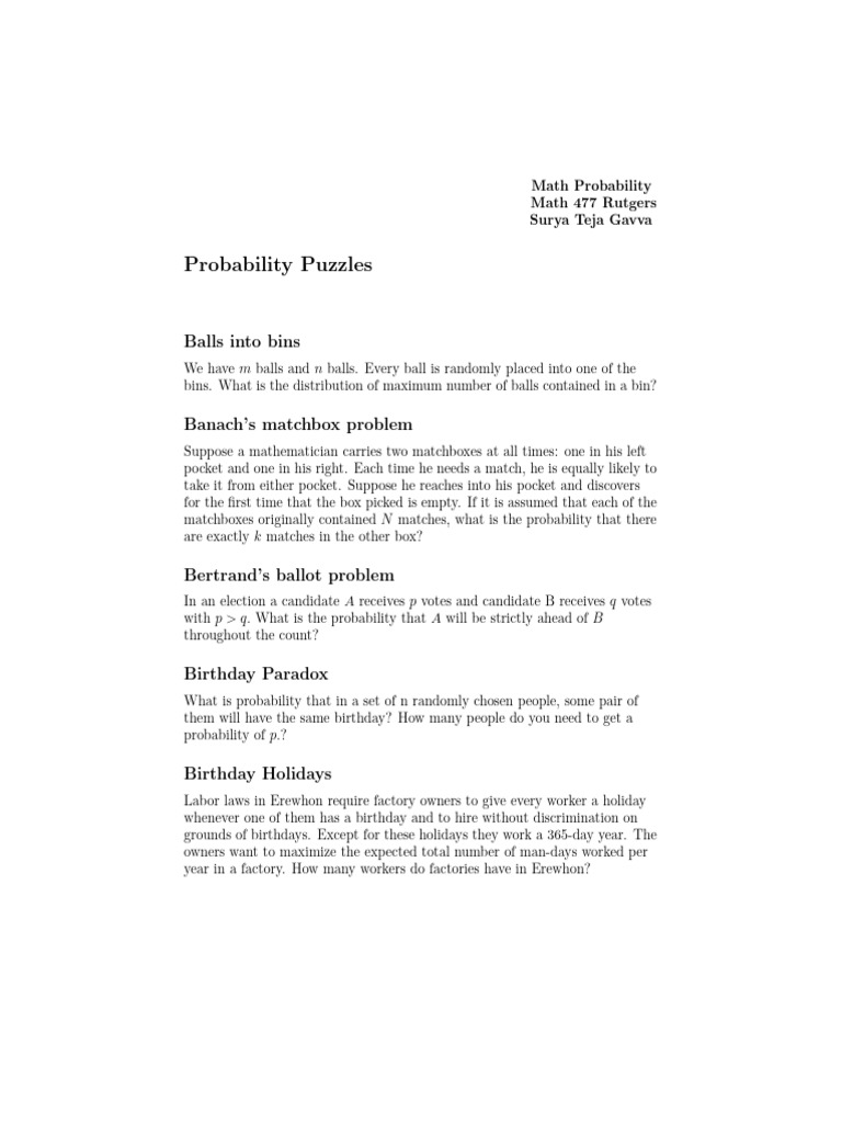 Puzzles | PDF | Mathematics | Probability Theory